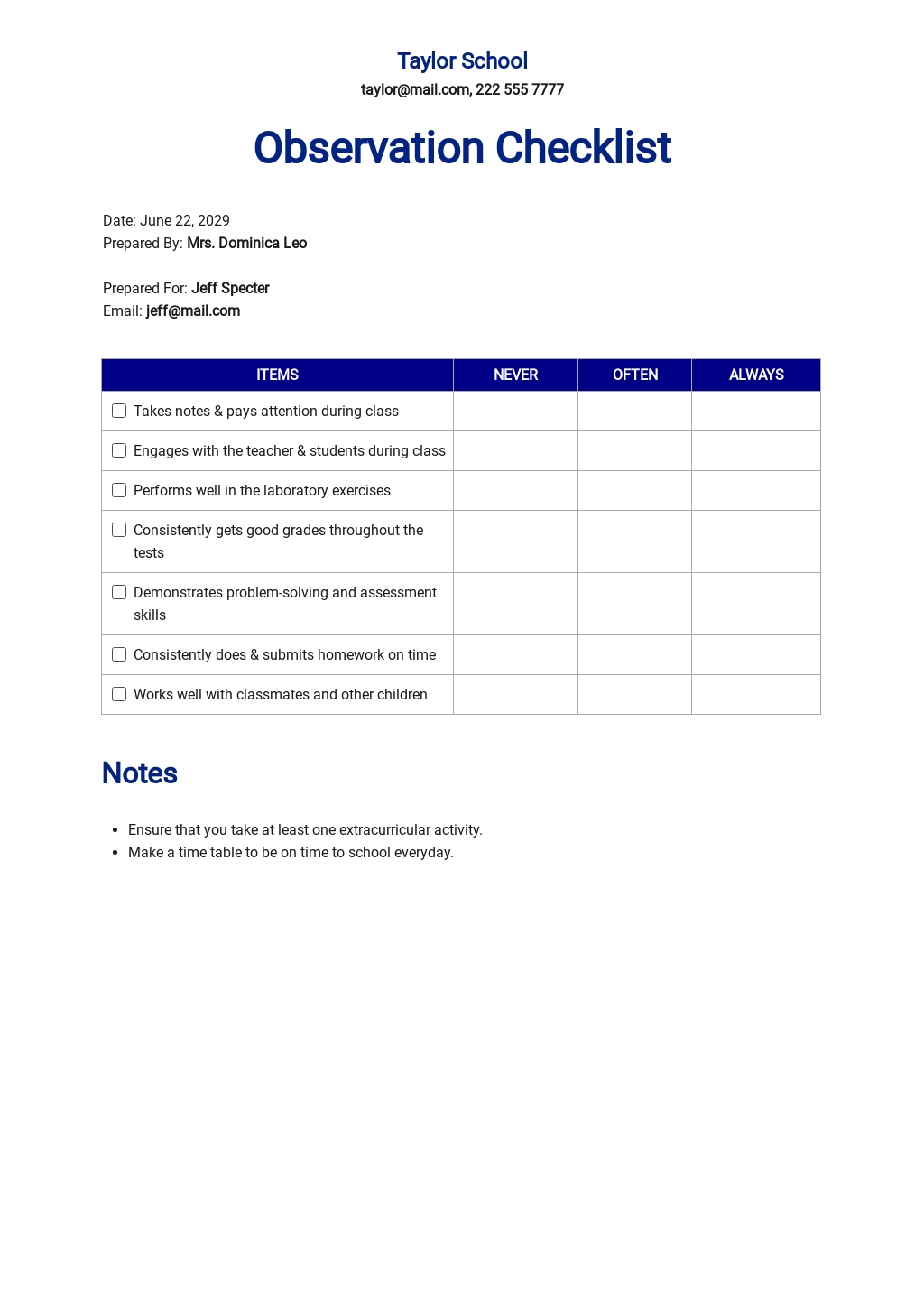 Observation Checklist Template 2 Free Templates In Pdf Word Excel Vrogue