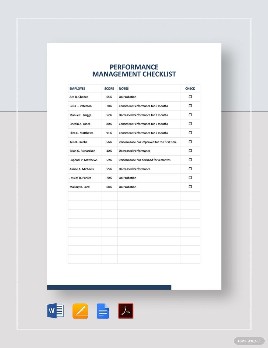 Performance Checklist Templates Documents Design Free Download Template