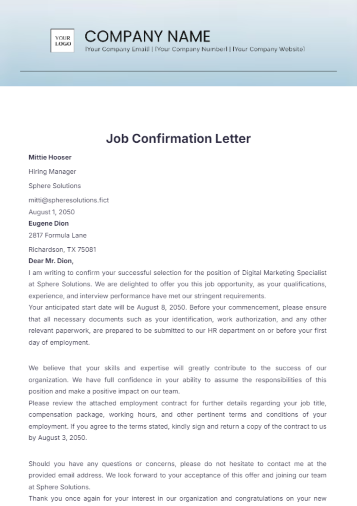 Job Confirmation Letter Template - Edit Online & Download Example ...