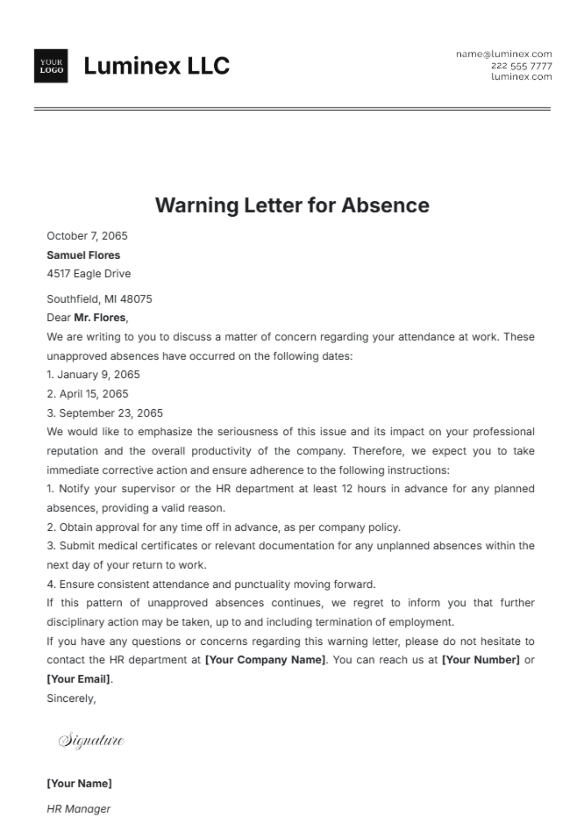 Free Employee Late Warning Letter Template To Edit Online