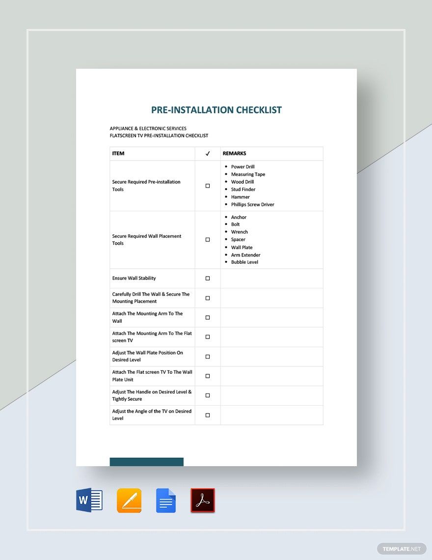 Free Pre Installation Checklist Template Google Docs Word Apple 