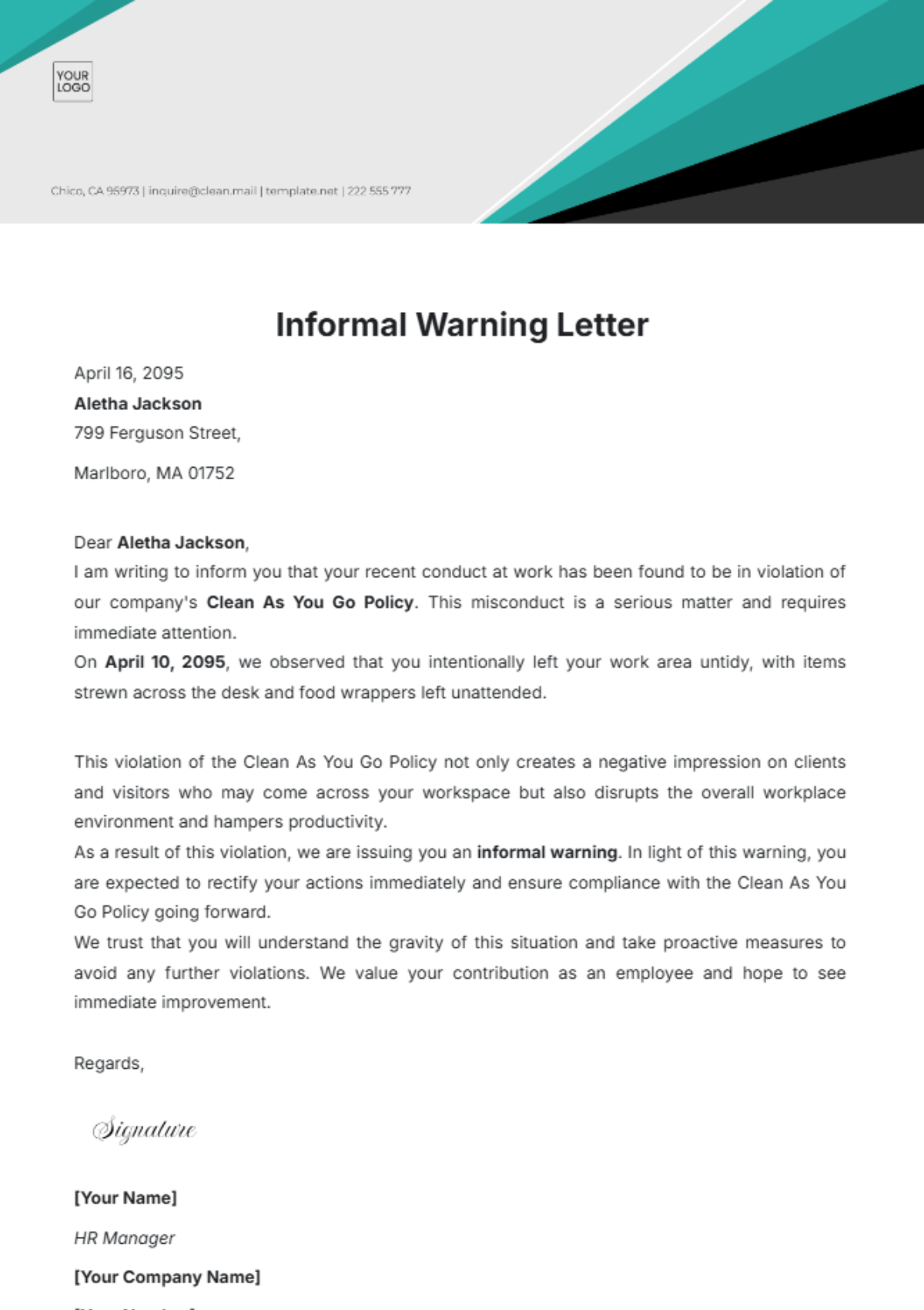 Free Unprofessional Behaviour Warning Letter Template To Edit Online