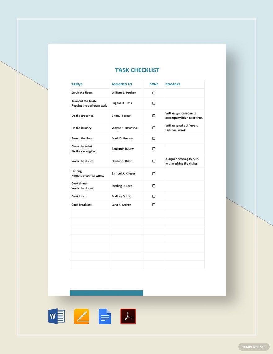 Task Checklist Template Google Docs Word Apple Pages PDF 