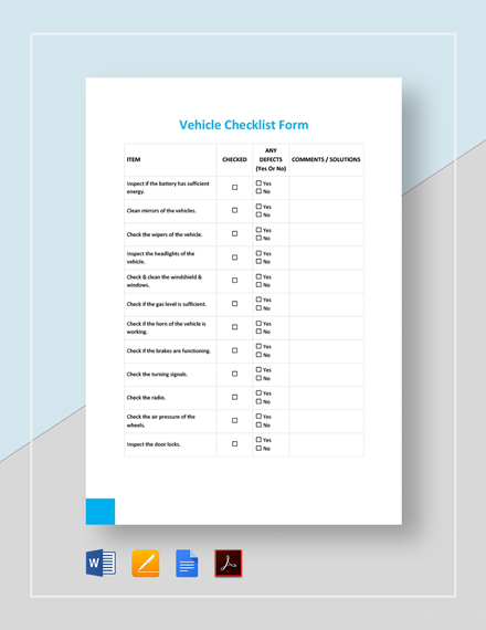 FREE Vehicle Checklist Template - Download in Word, Google Docs, Excel ...
