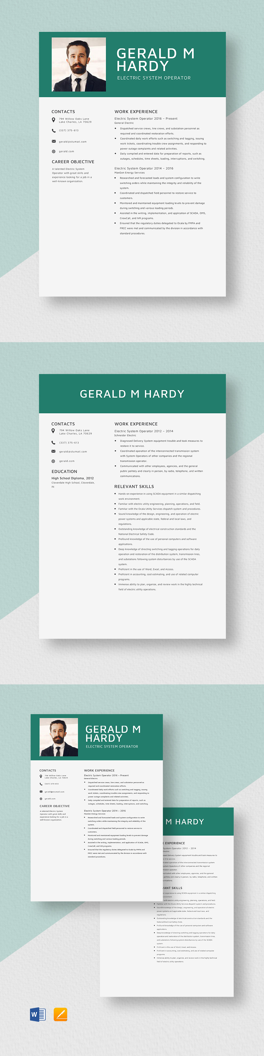 Free Electric System Operator Resume Template - Word, Apple Pages ...