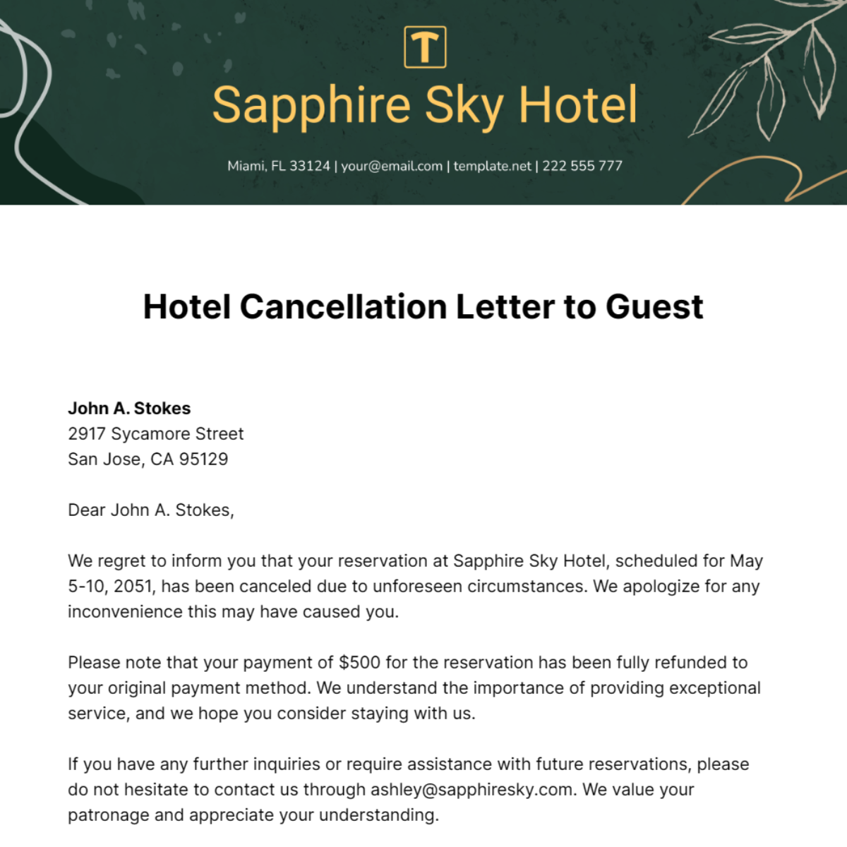 Free Hotel Cancellation Letter To Guest Template Edit Online
