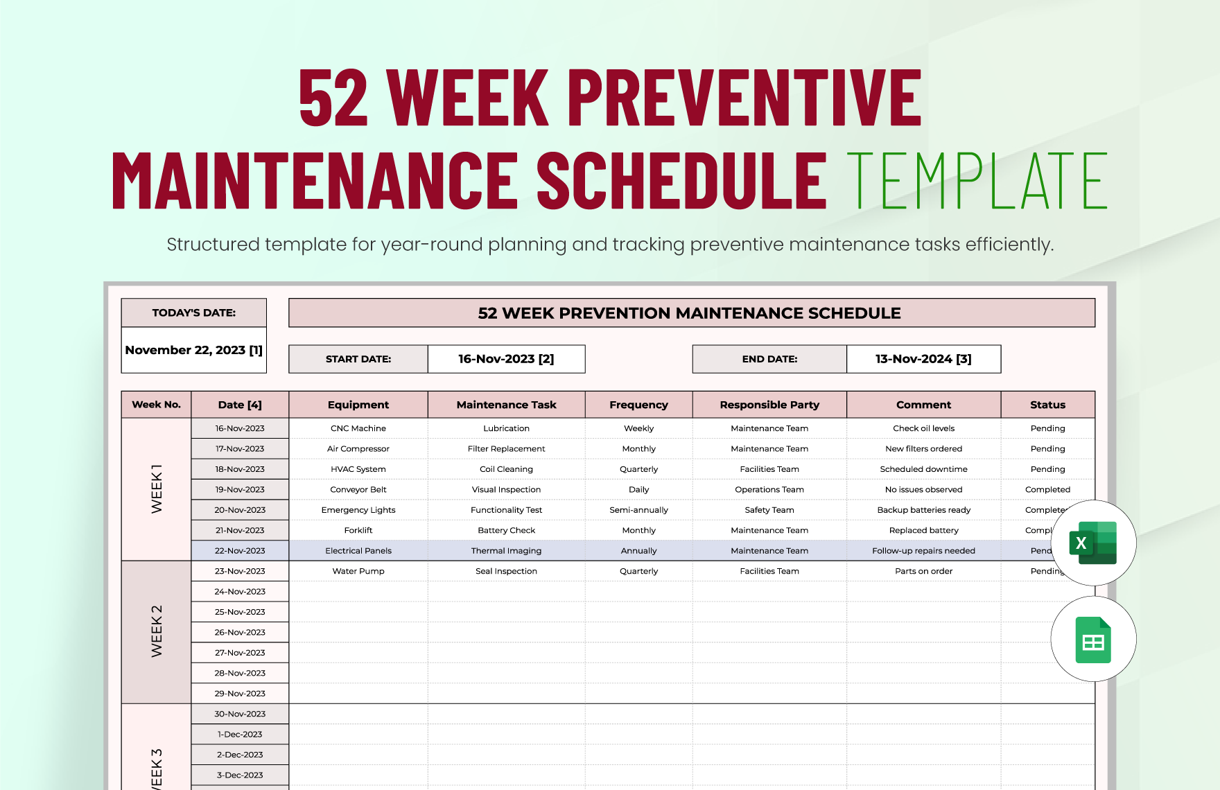 52 Week Preventive Maintenance Schedule Template in Excel, Google Sheets - Download | Template.net