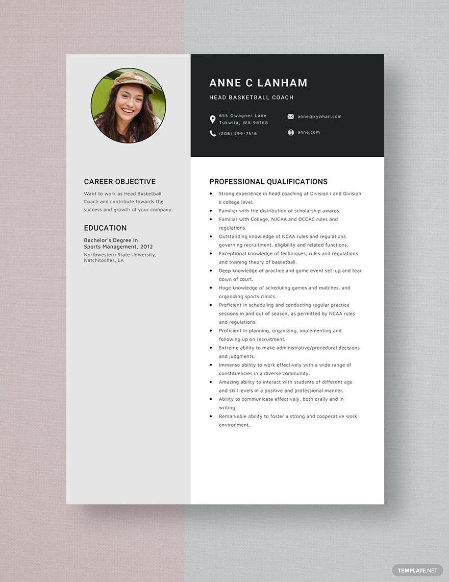 Free Head BasketBall Coach Resume Download In Word Apple Pages 