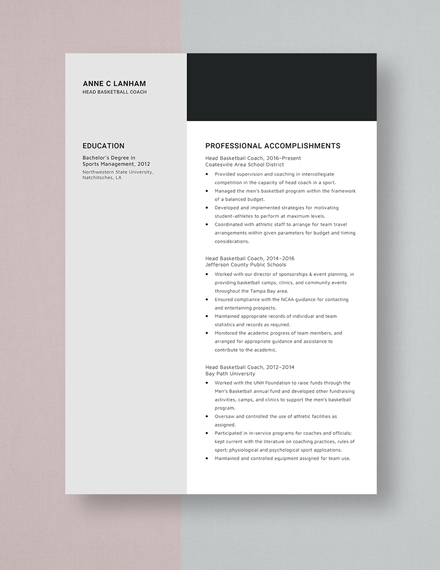 Head BasketBall Coach Resume Template Word Apple Pages Template