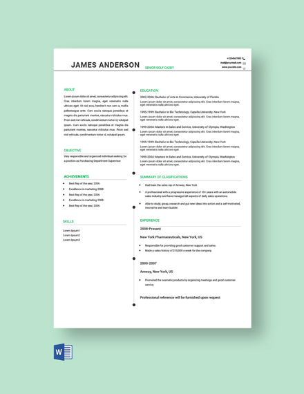 FREE Senior Golf Caddy Resume Template - Word | Template.net