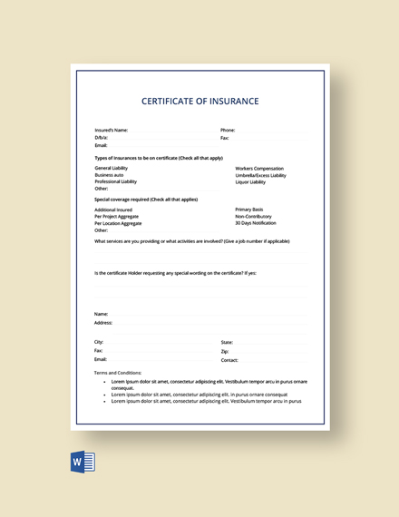 FREE Car Insurance Certificate Template Word Template