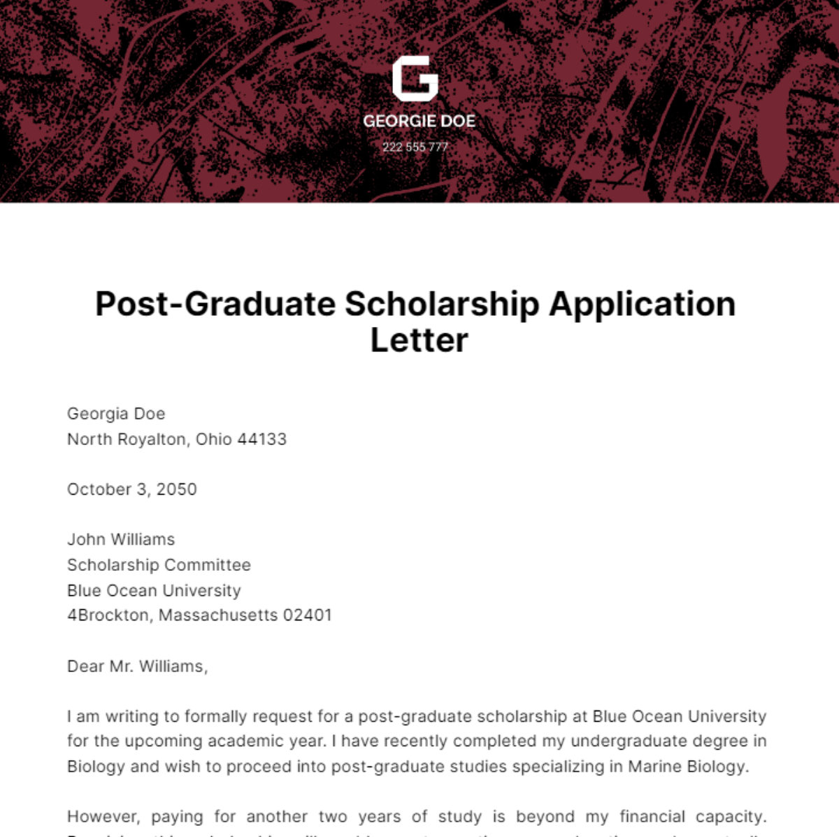 Free Post Graduate Scholarship Letter Template To Edit Online