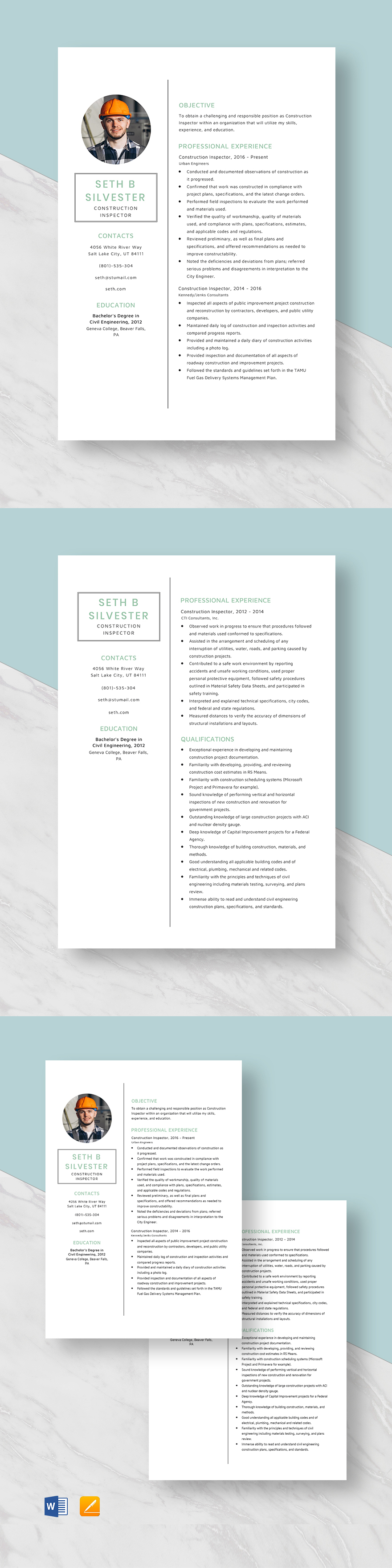 Construction Inspector Resume Template - Word, Apple Pages | Template.net