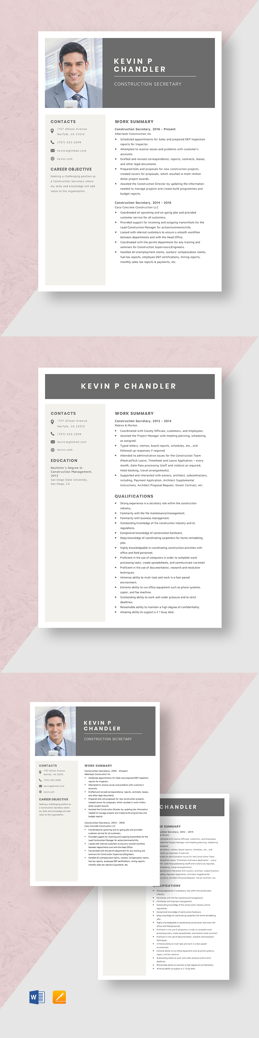 Construction Secretary Resume Template - Word, Apple Pages | Template.net