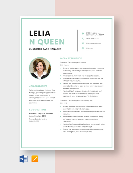 Free Customer Care Specialist Resume - Download in Word, Apple Pages ...