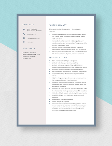 Diagnostic Medical Sonographer Resume Template Word Apple Pages 