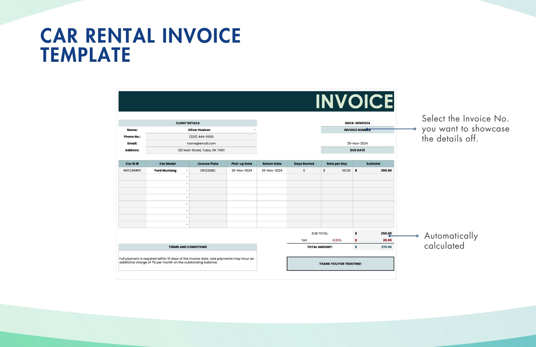 Car Rental Invoice Template - Download in Excel, Google Sheets ...
