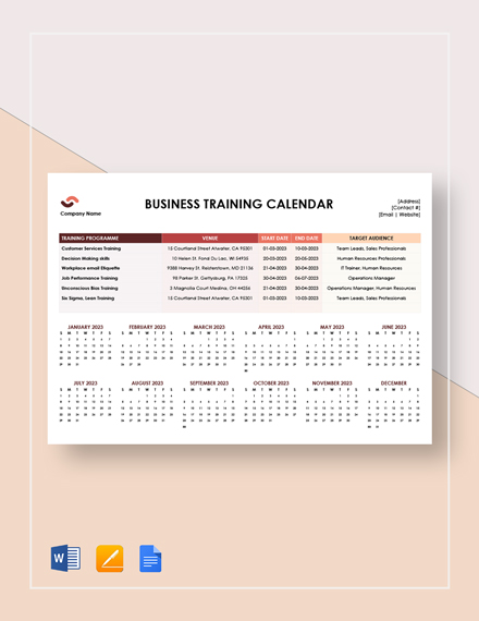 26+ Training Calendar Templates - Sample, Example Format Download ...