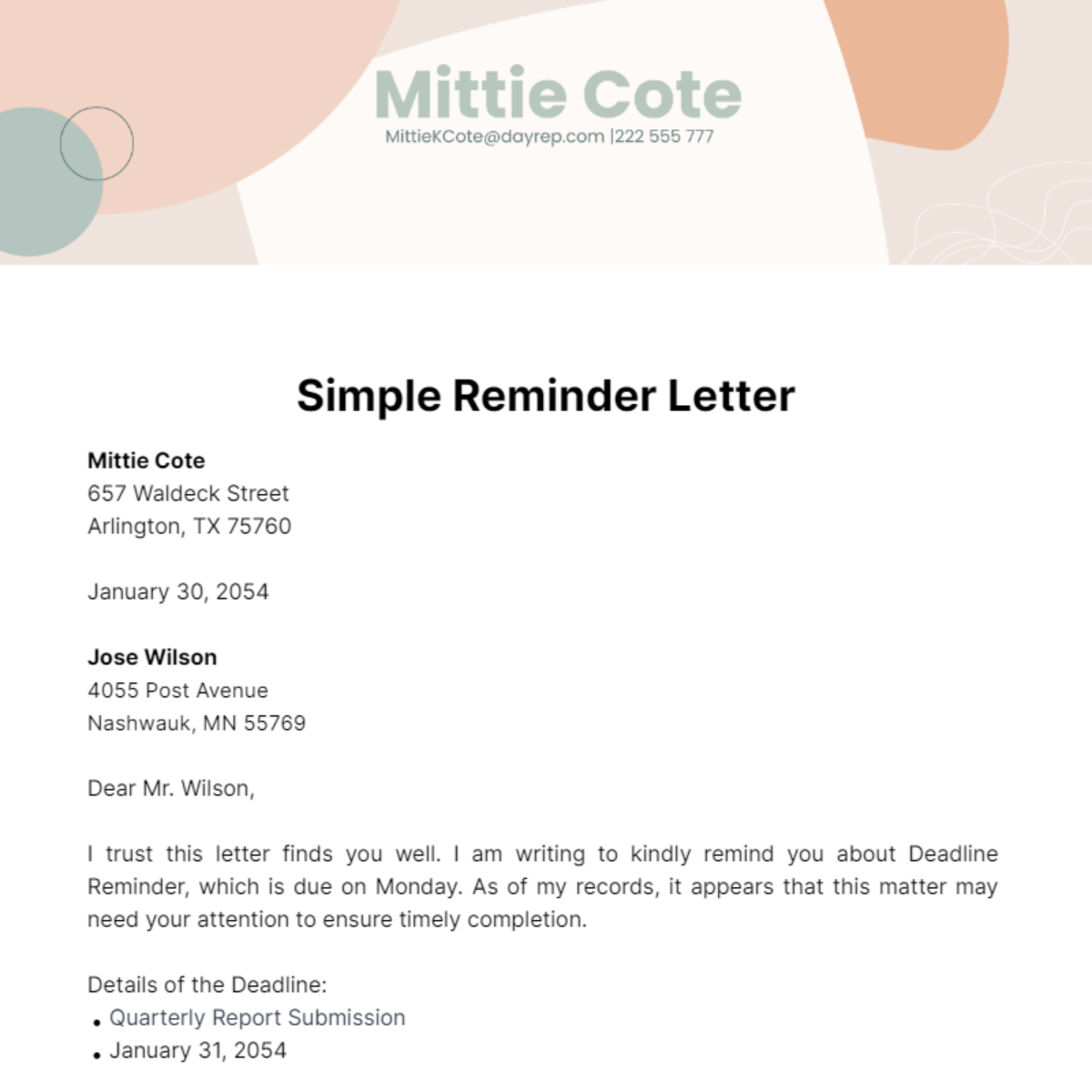 Free Simple Reminder Letter - Edit Online & Download | Template.net