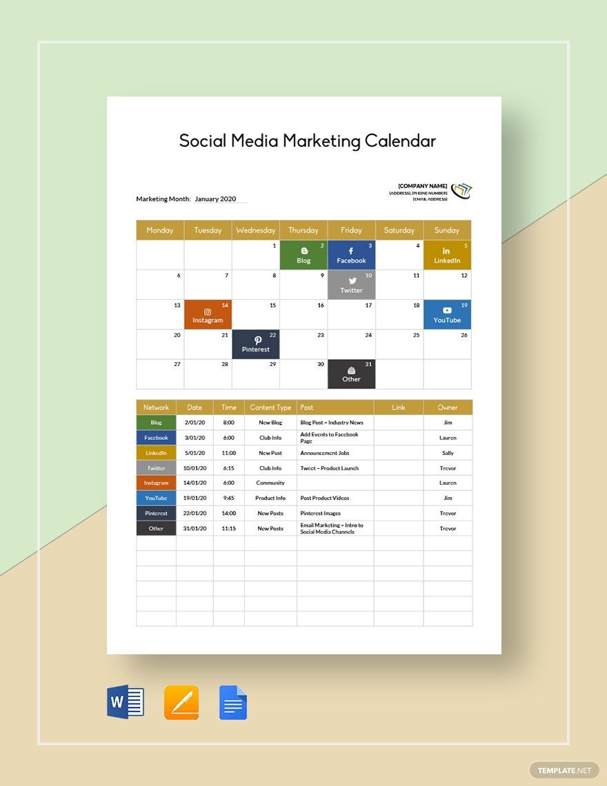 Social Media Calendar Google Docs Templates Design Free Download Template