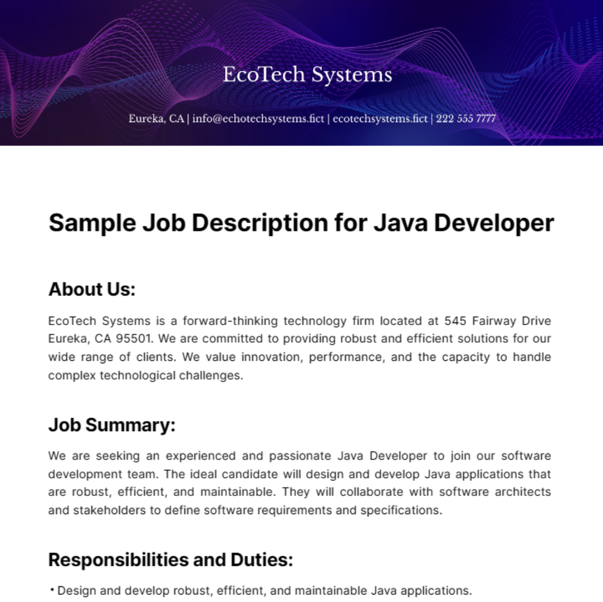 Sample Job Description For Java Developer Template Edit Online