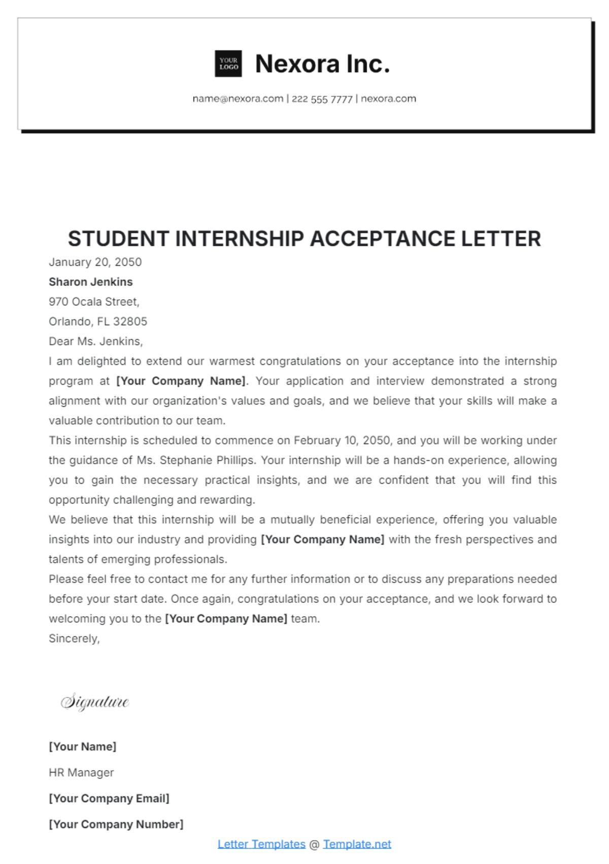 Student Internship Acceptance Letter Template - Edit Online & Download Example | Template.net