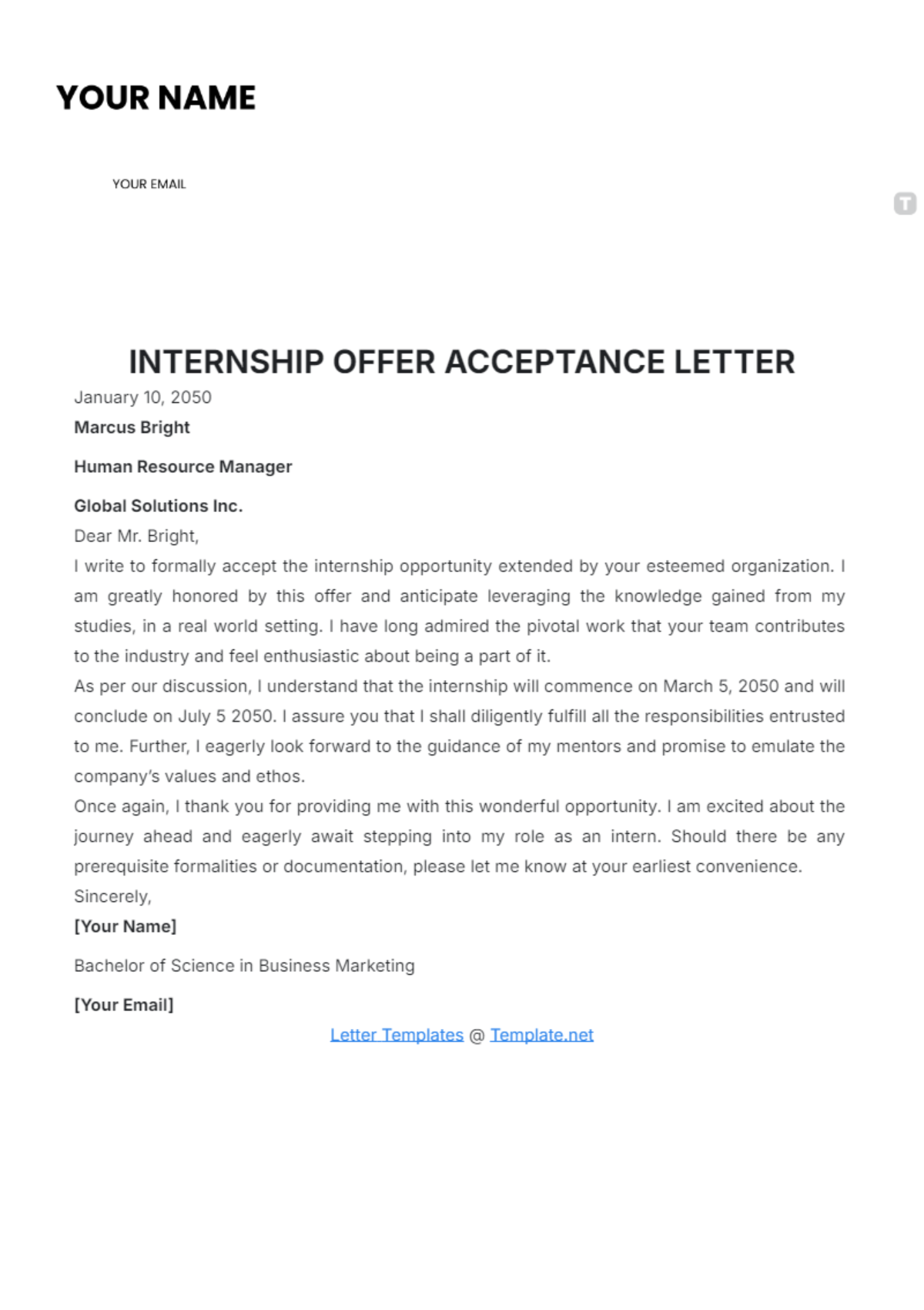 Internship Offer Acceptance Letter Template - Edit Online & Download ...