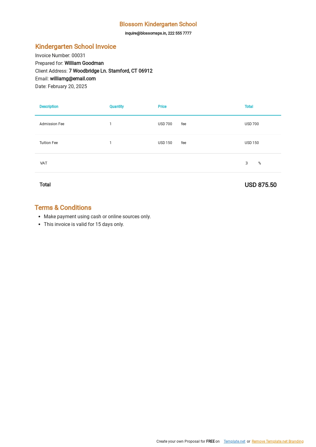 Kindergarten School Invoice Template