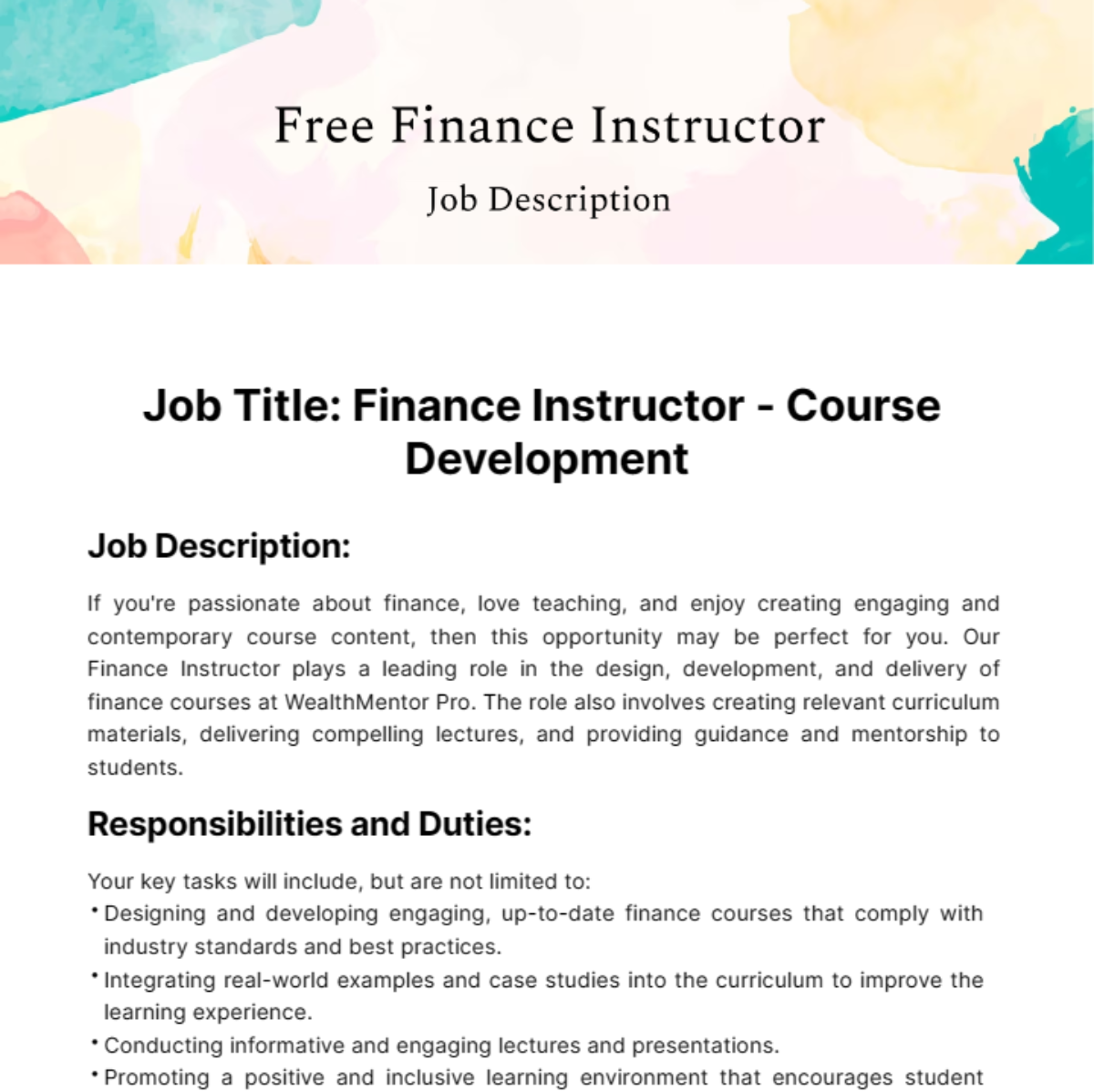 Free Finance Instructor Job Description Template To Edit Online Free Finance Instructor Job Description Template To Edit Online