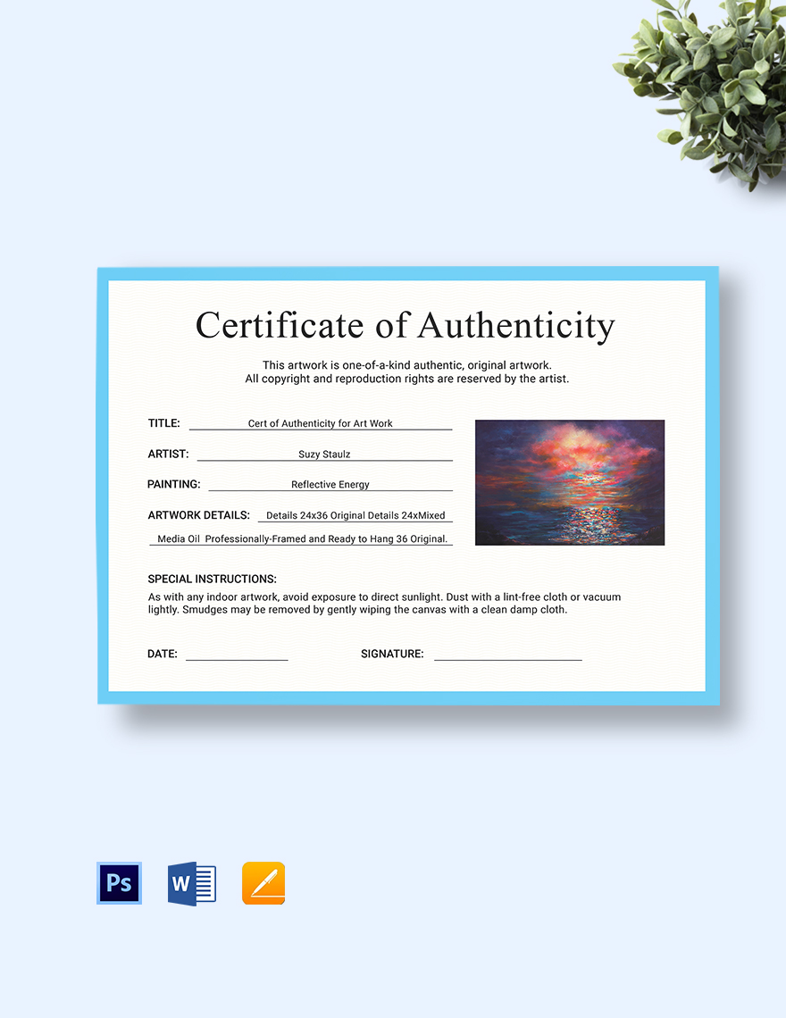 Artwork Authenticity Certificate Template - Word, Apple Pages, PSD ...