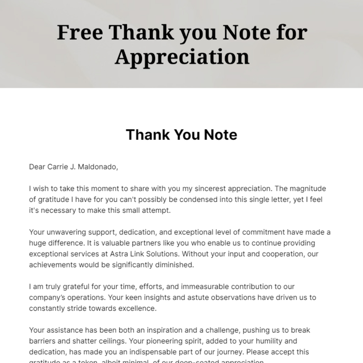 Thank you Note for Appreciation - Edit Online & Download Example
