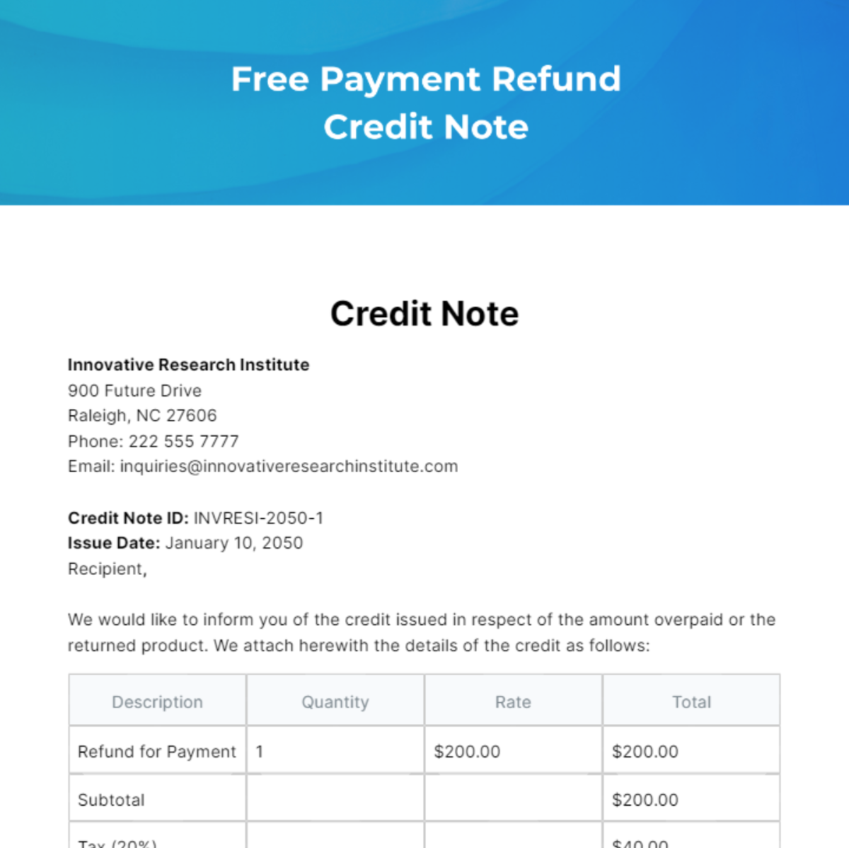 Payment Refund Credit Note Template Edit Online Download Example