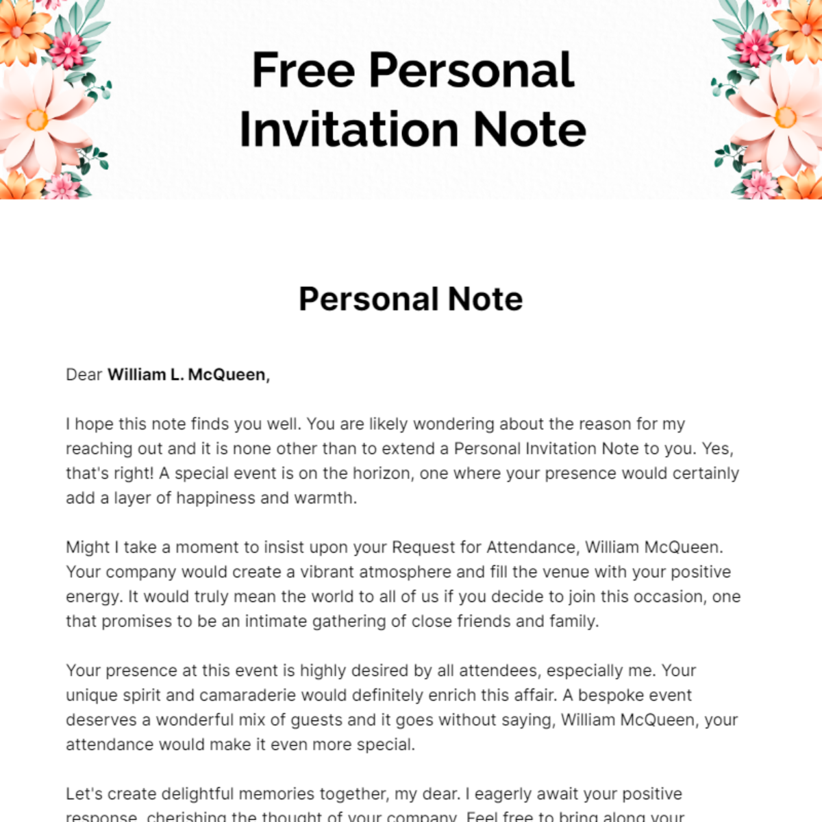 Free Personal Invitation Note - Edit Online & Download | Template.net