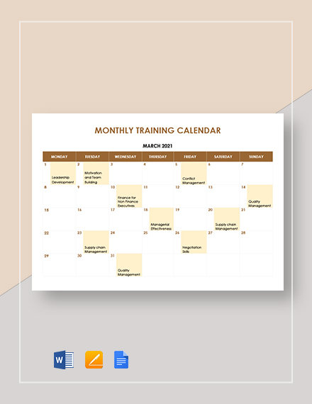 Training Calendar Template - 42+ Word, PDF, PSD Documents Download