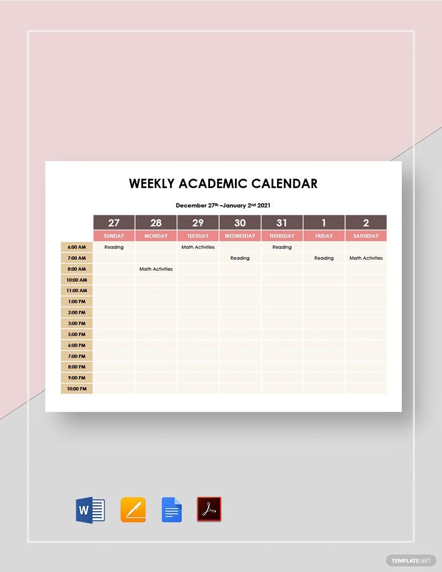 Weekly Academic Calendar Template Google Docs Word Apple Pages PDF 