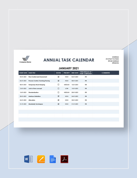 Annual Task Calendar Template Google Docs Word Apple Pages PDF 
