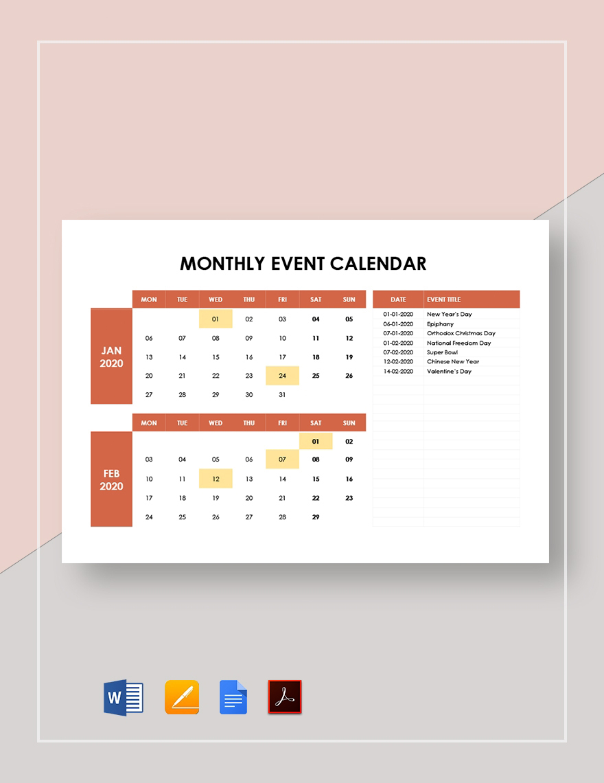 Monthly Event Calendar Template Download In Word Google Docs PDF