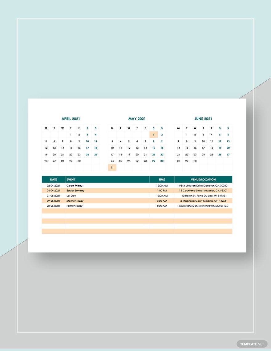 Sample Event Calendar Template Word Google Docs PDF Apple Pages 