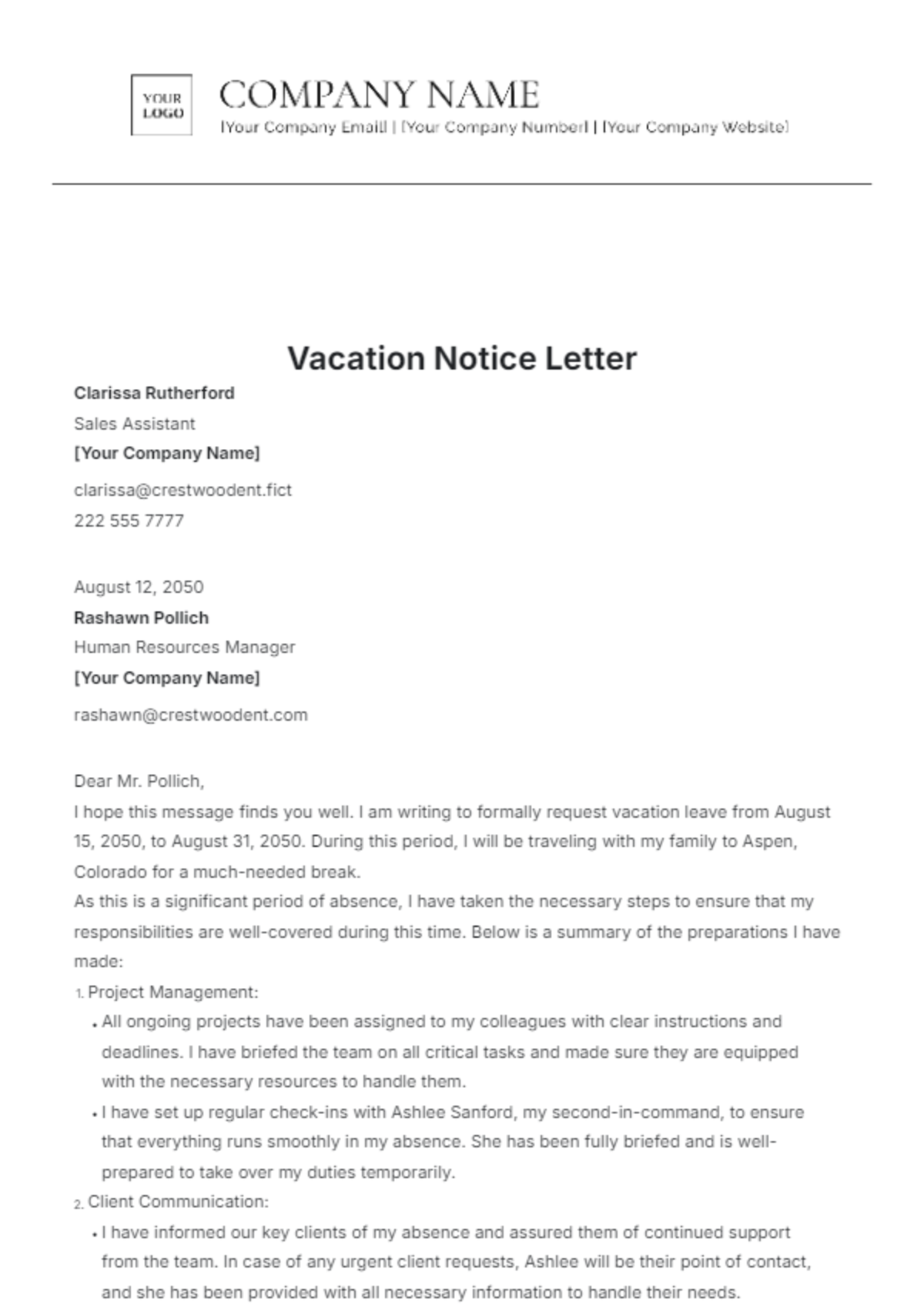 Vacation Notice Letter Template - Edit Online & Download Example ...