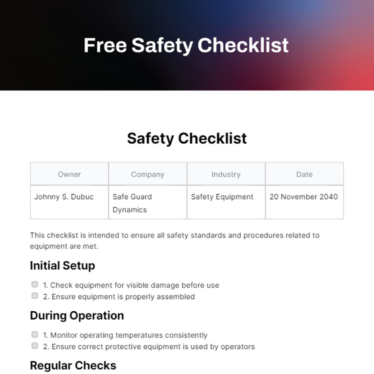 FREE Safety Checklist - Edit Online & Download | Template.net