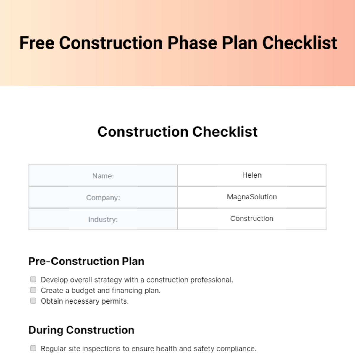 FREE Construction Checklist - Edit Online & Download | Template.net