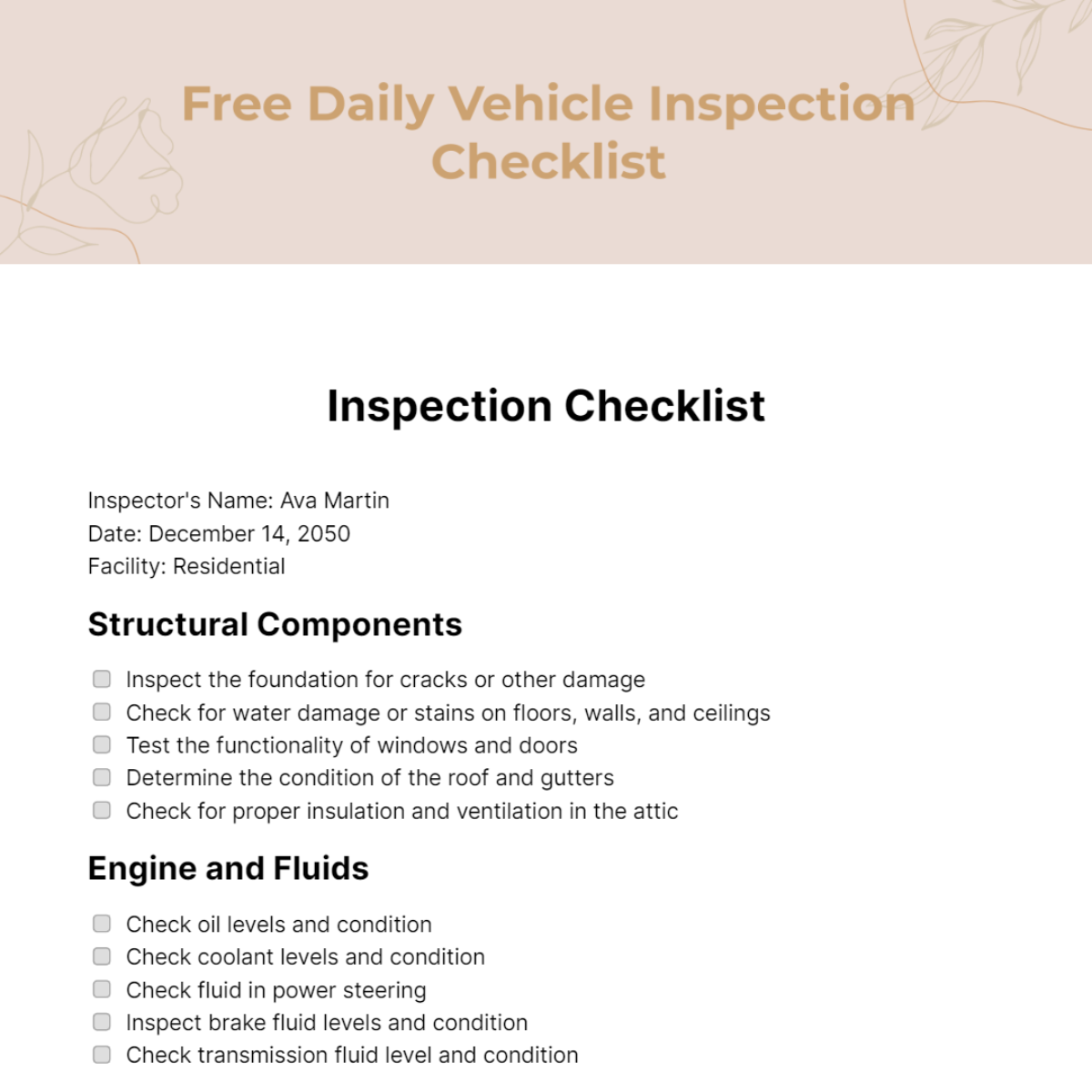 Daily Vehicle Inspection Checklist - Edit Online & Download Example