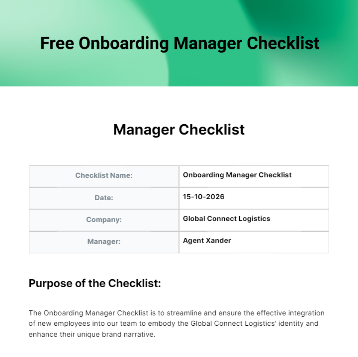 Free Onboarding Manager Checklist - Edit Online & Download | Template.net