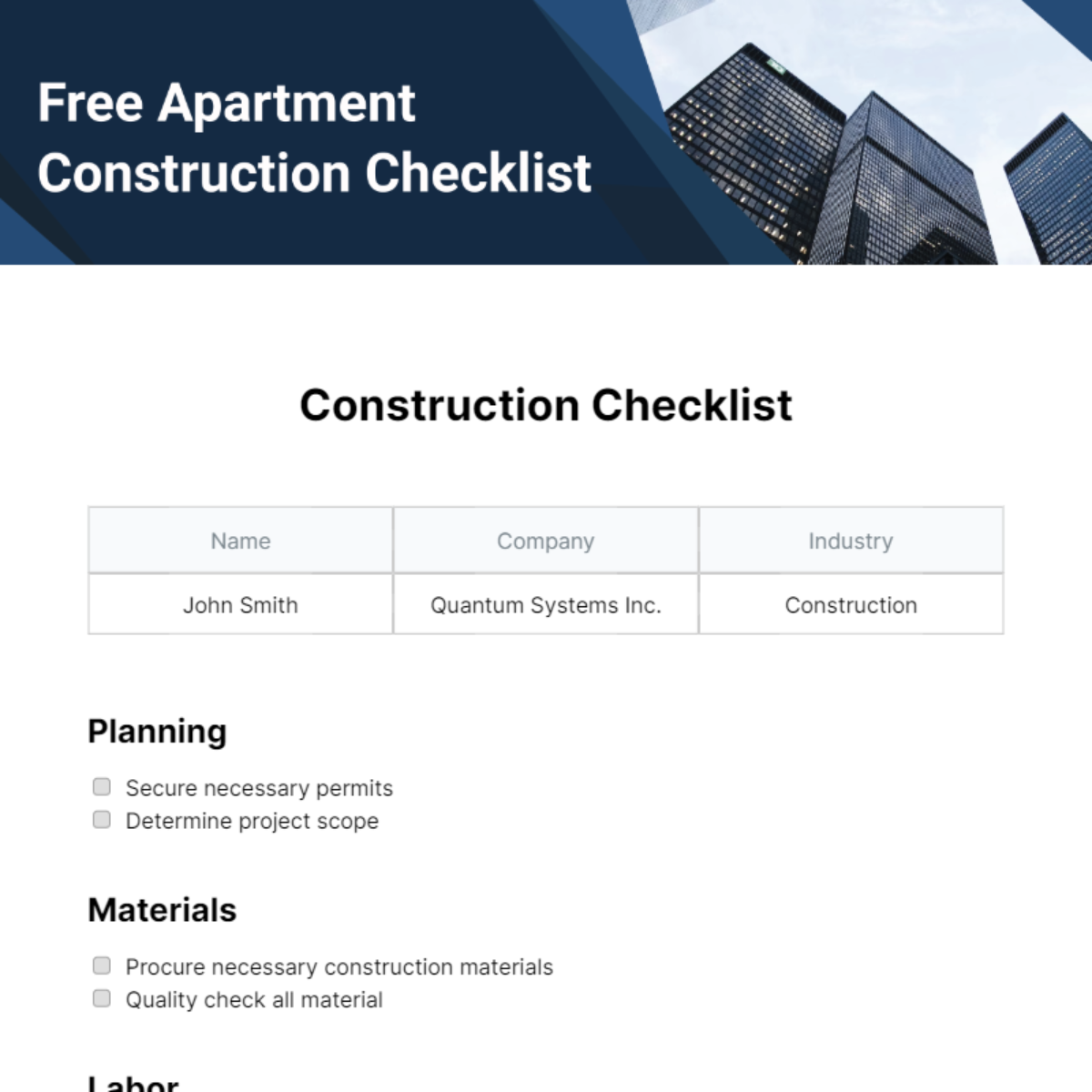 Free Apartment Construction Checklist Edit Online Download