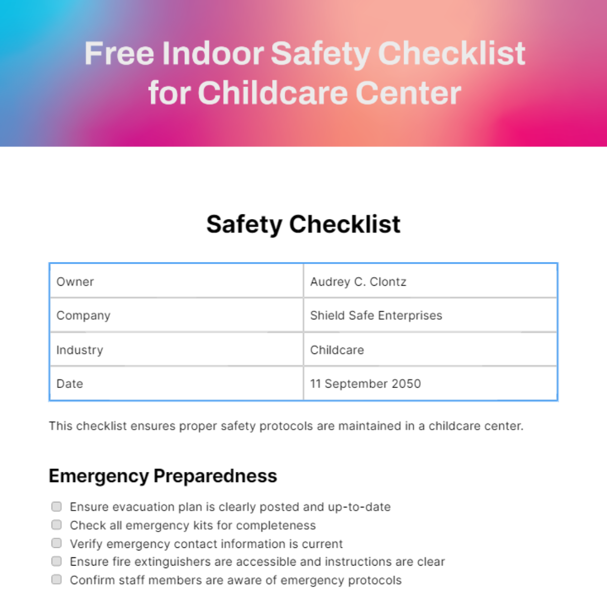 Free Indoor Safety Checklist for Childcare Center - Edit Online & Download | Template.net