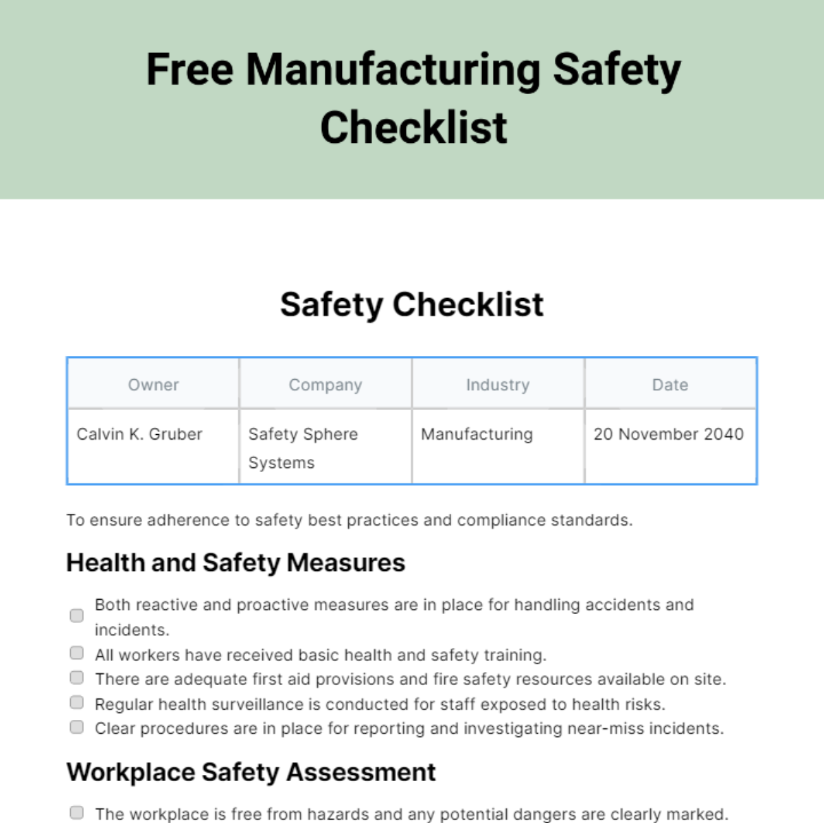 FREE Safety Checklist - Edit Online & Download | Template.net
