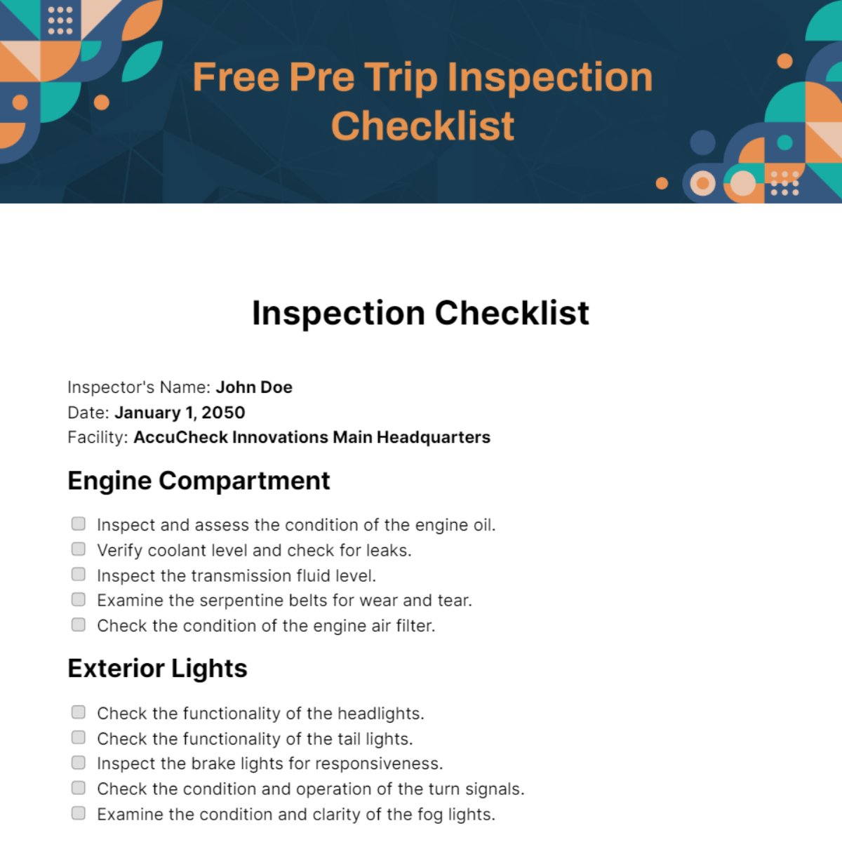 Free Pre Trip Inspection Checklist - Edit Online & Download | Template.net