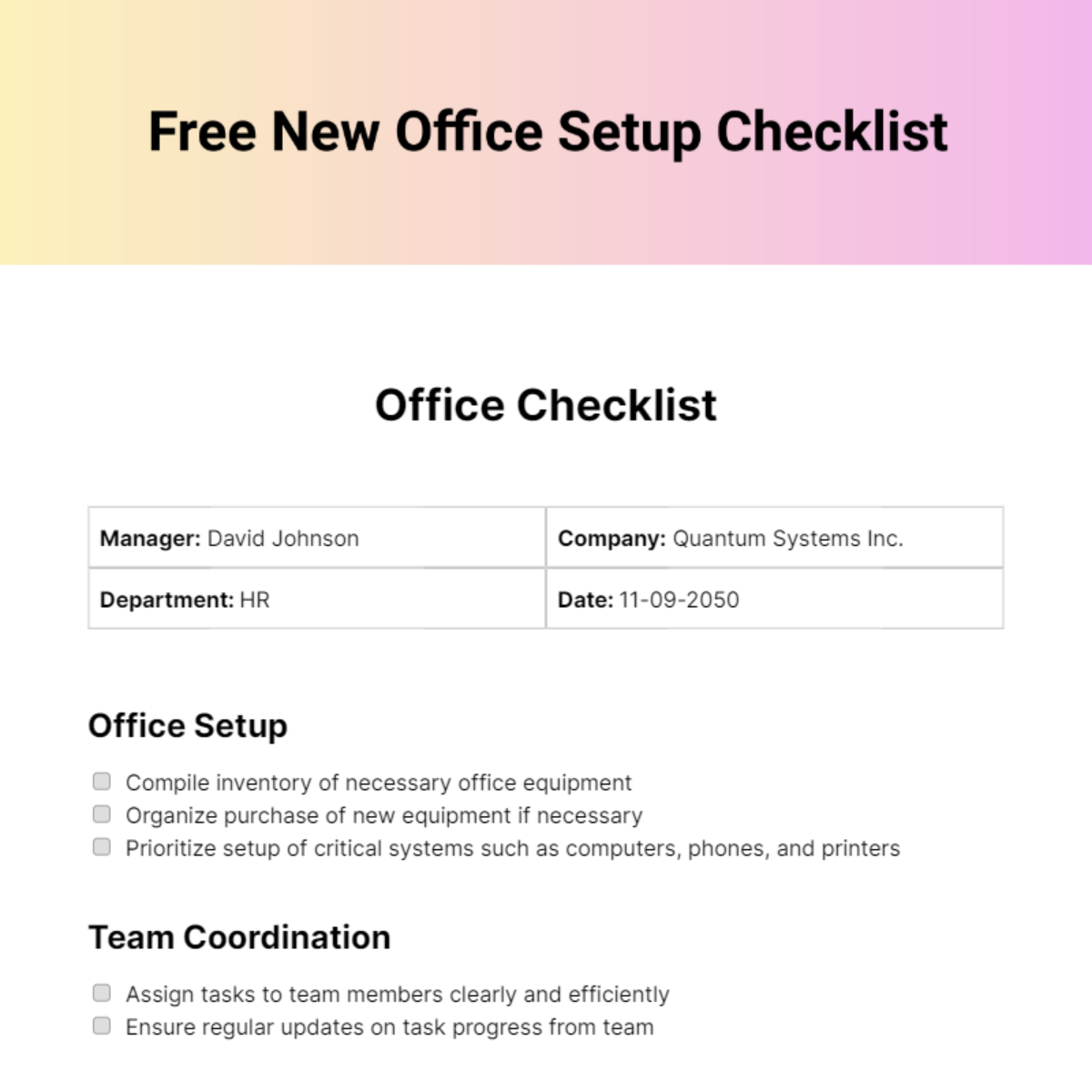 New Office Setup Checklist Edit Online Download Example