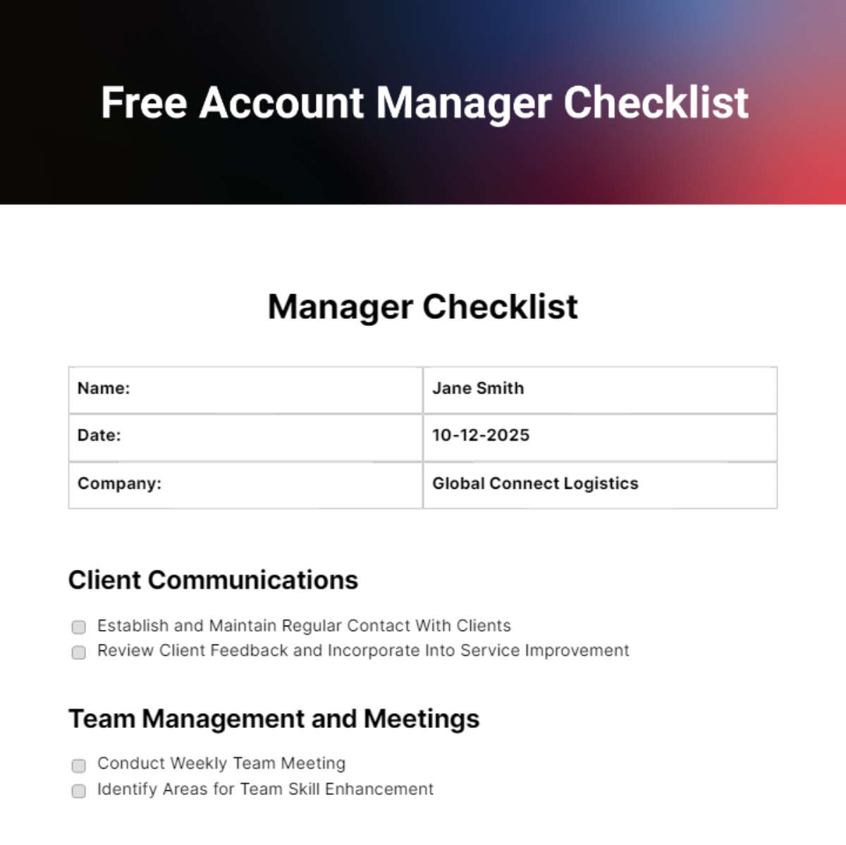 Free Account Manager Checklist - Edit Online & Download | Template.net