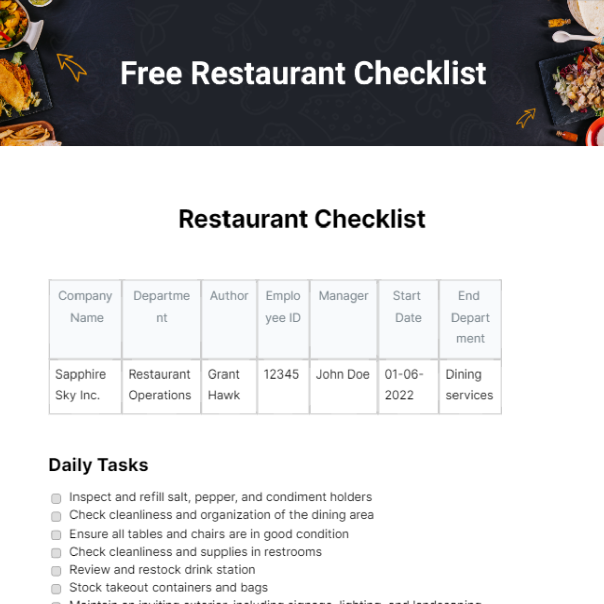 FREE Restaurant Checklist Templates & Examples - Edit Online & Download ...